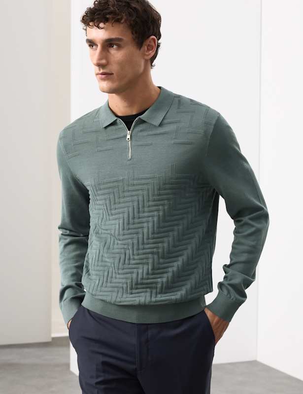 Mercerised Cotton Geometric Half Zip Polo – Marks & Spencer Bermuda